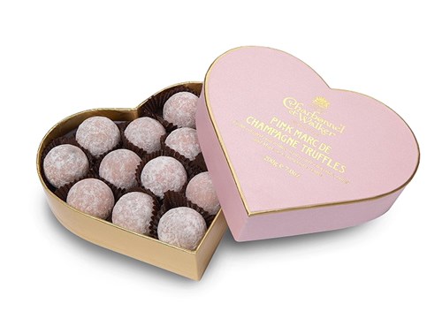 Pink Marc de Champagne truffle heart gift box 200g - Chocolate Trading Co
